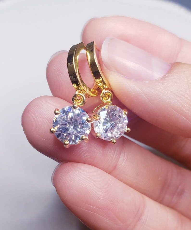 Gold Small Loop Earrings With Dangling Cubic and Solid 14k | Etsy