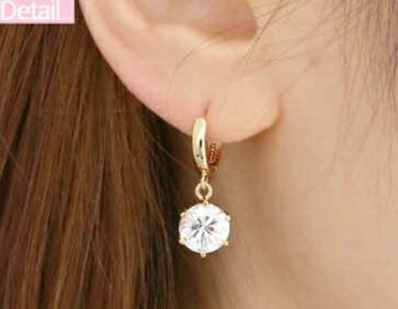 Gold Small Loop Earrings With Dangling Cubic and Solid 14k | Etsy