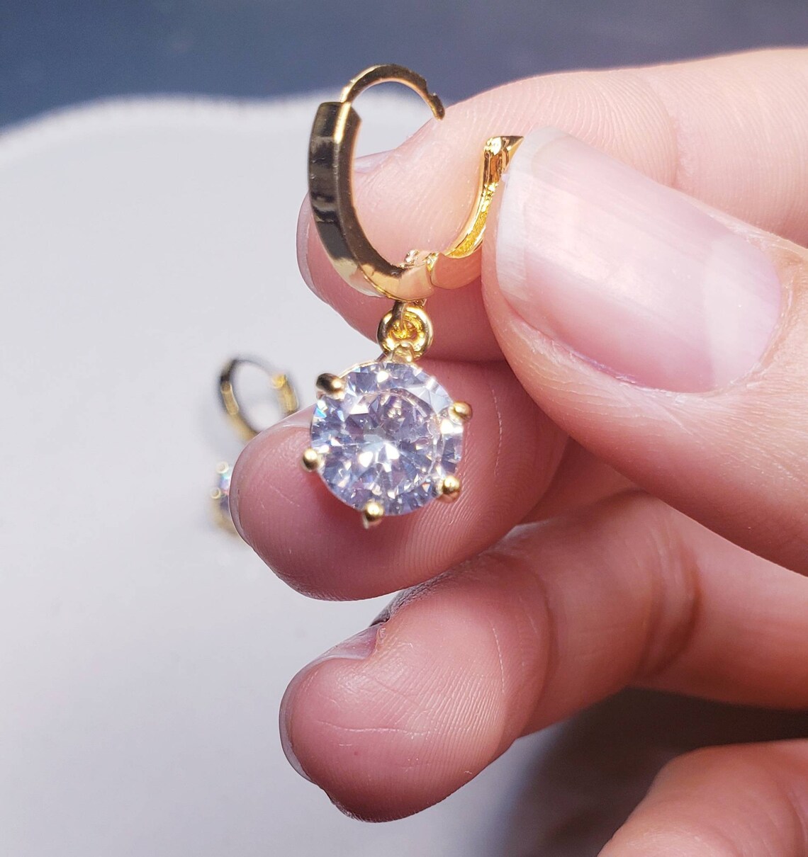 Gold Small Loop Earrings With Dangling Cubic and Solid 14k | Etsy