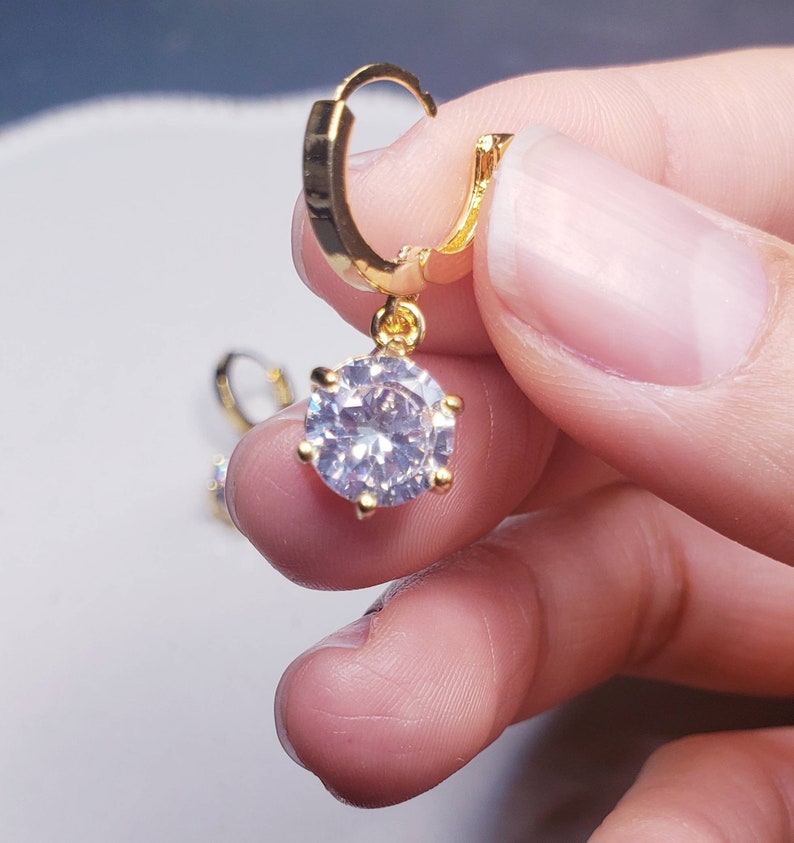 Gold Small Loop Earrings With Dangling Cubic and Solid 14k | Etsy