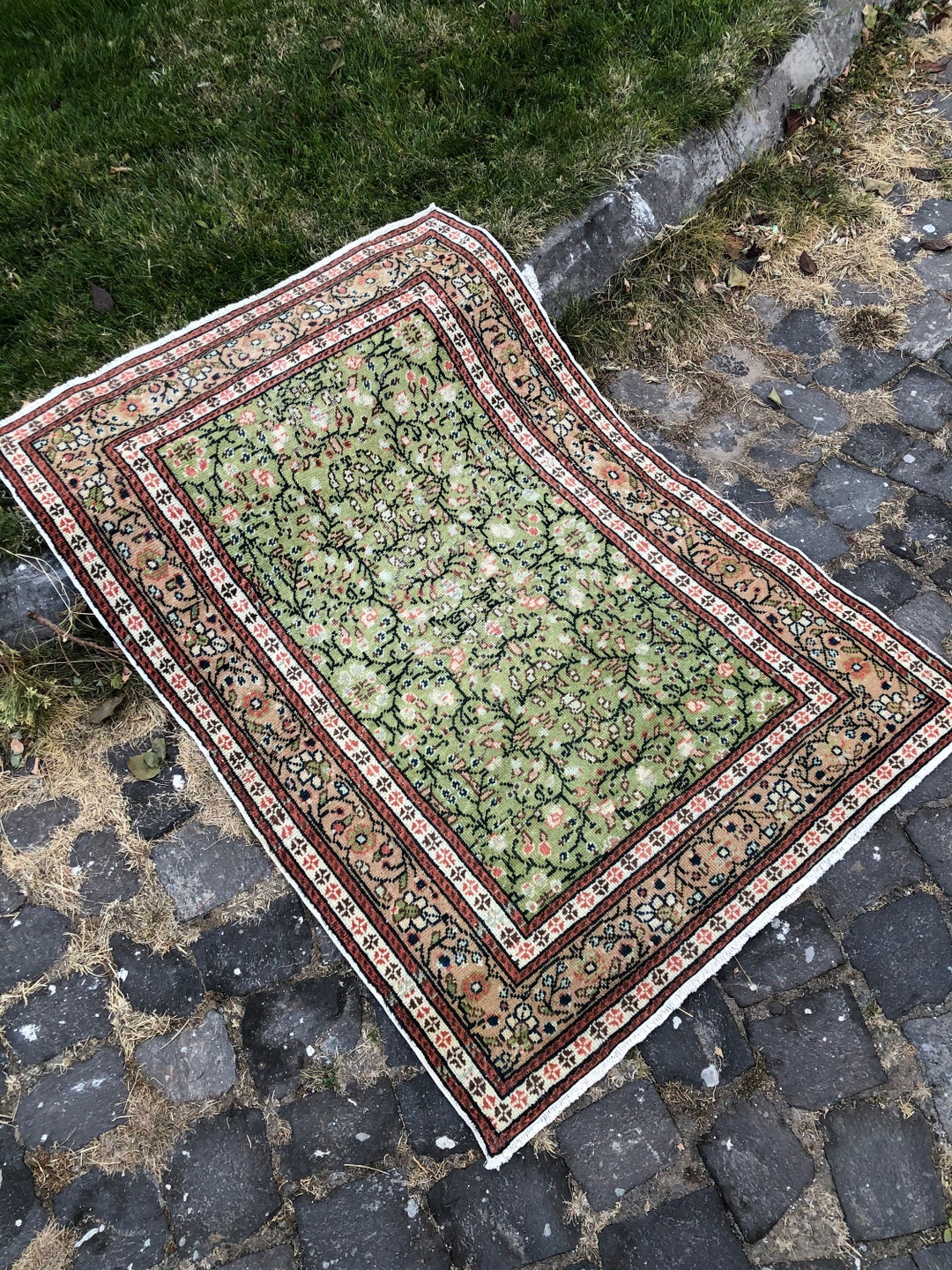 Turkish Floral Design Green Rug Vintage Handknotted Carpet 121 X 85 Cm ...