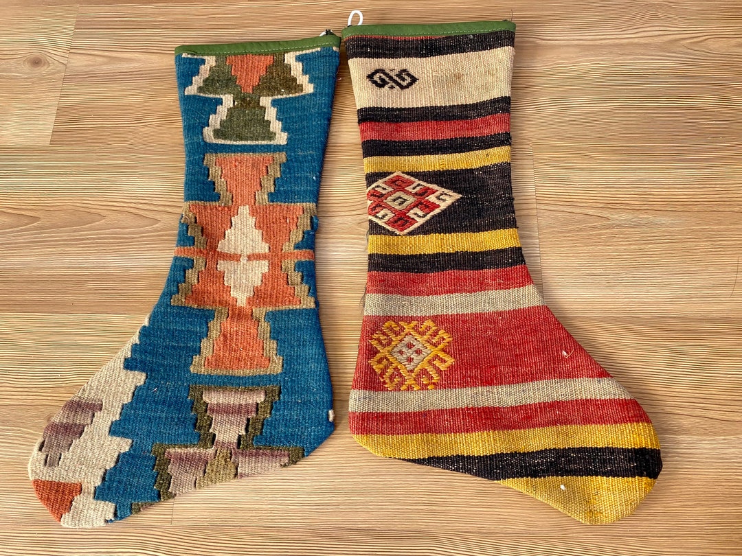 Christmas Socks Kilim, 2 Piece Boho Christmas Stocking Decor, Kilim ...
