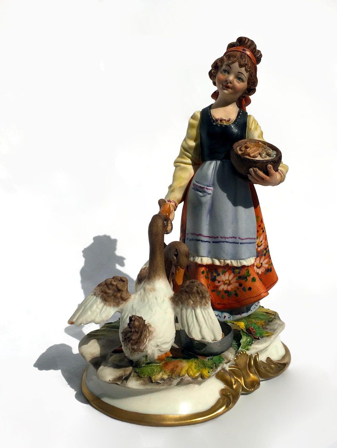 Genuine CAPODEMONTE Figurine Signed by VOLTA - Farm Girl Feeding Geese ...