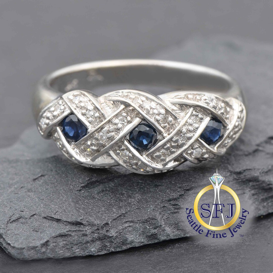 Sapphire and Diamond XOX Wide Band Restored Vintage Ring, 14k White ...