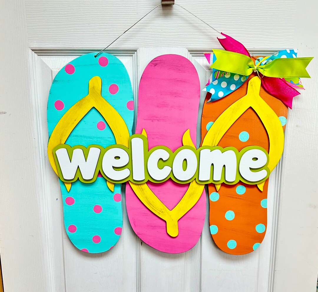 Flip Flops Door Hanger welcome Flip Flop Door Sign Wooden Summer Door ...