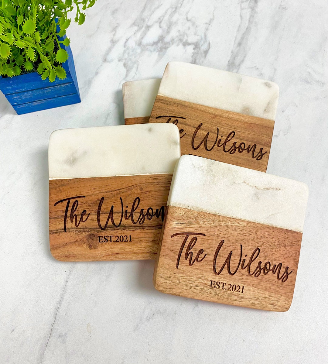 Marble & Wood Coasters Ser Coasters Laser Engraved Engraved Coaster ...