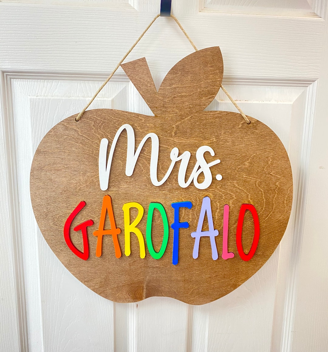 Apple Wooden Door Hanger Rainbow Name | Back to School | Teacher Gift ...
