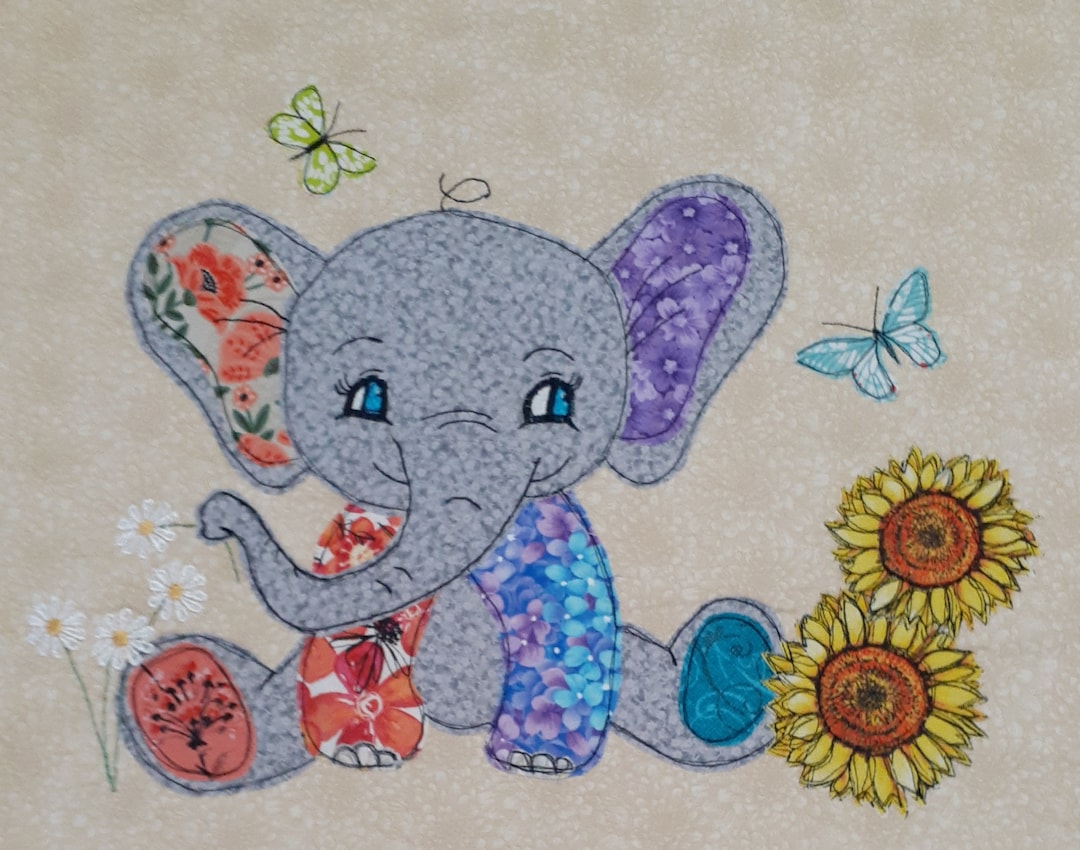 Elephant Applique Pattern May Beautiful Baby Beast Scrap Buster Quilt Block Fabric Art Handmade ...