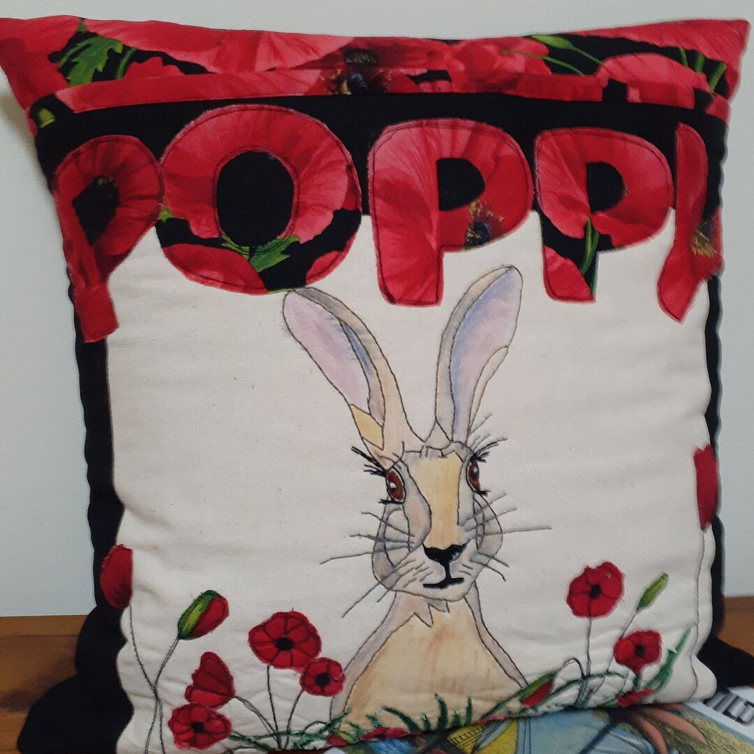 Poppy Book Cushion Cover Raw Edge Applique Poppy Fabric and Flowers ...