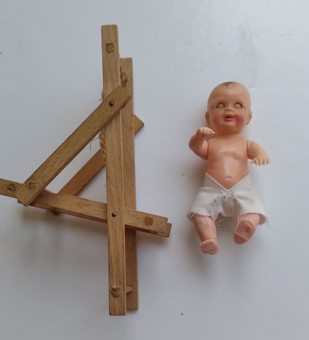 Antique Plastic Celluloid Baby With Movable Eyes Arms Legs in Wooden ...