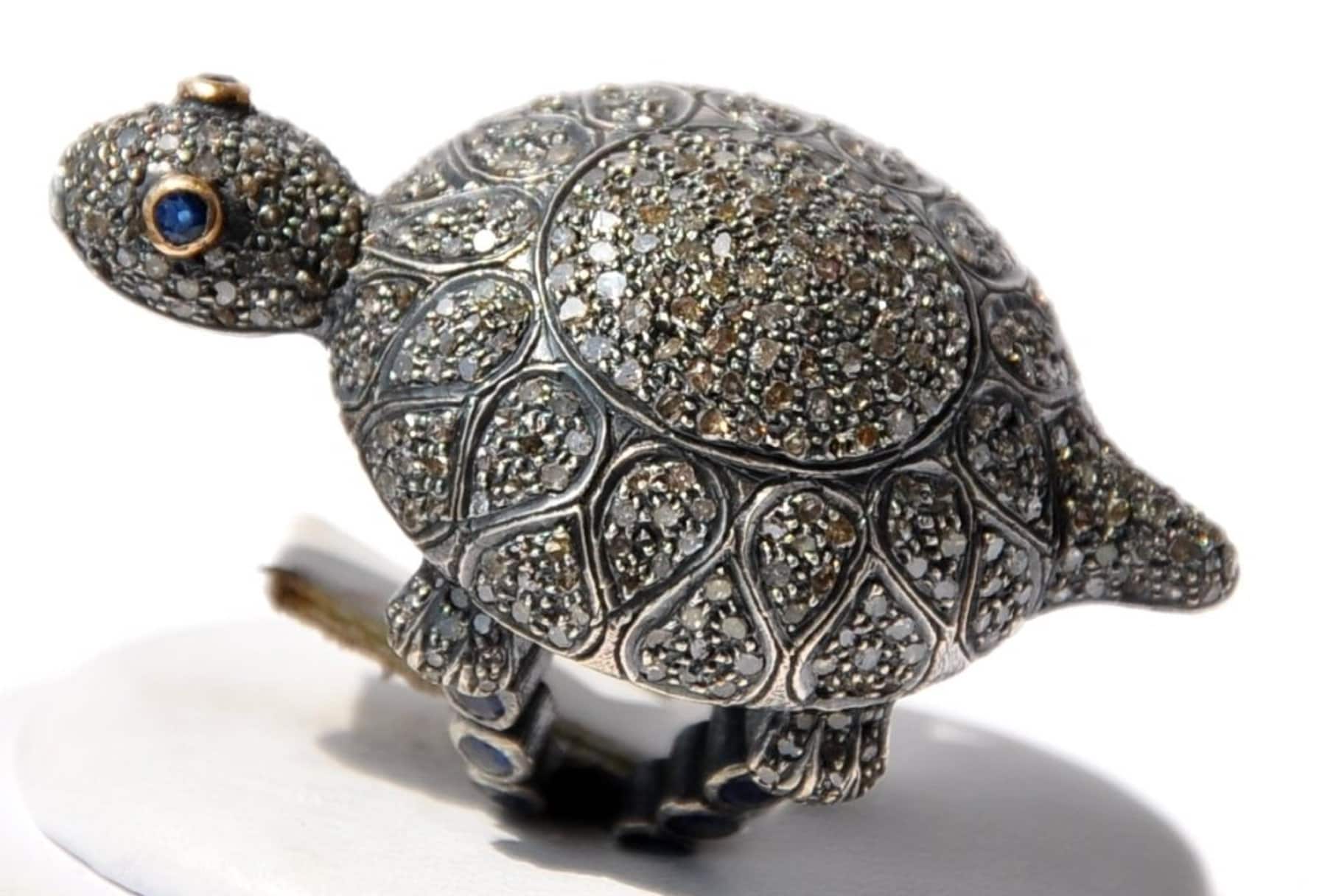 Vintage 14KT Blue Sapphire Diamond Tortoise Turtle Ring - Etsy