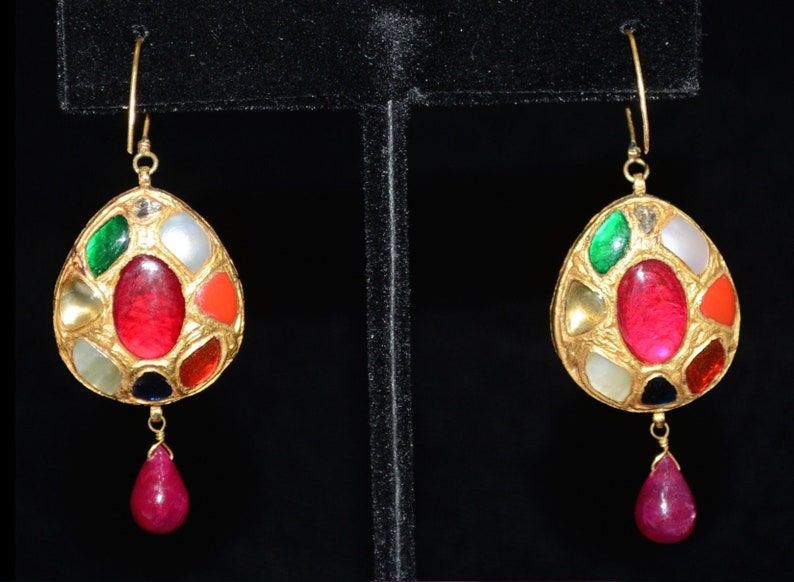 Antique 22KT Gold 9 Planet Gems Ruby Diamond Mughal Indian Earrings ...