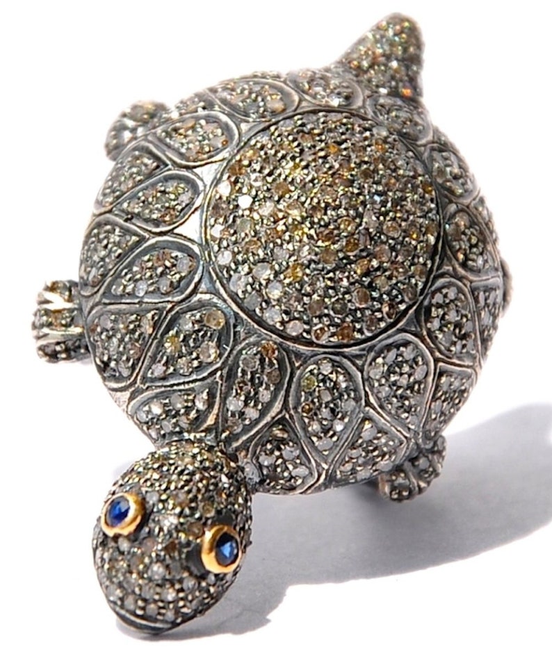 Vintage 14KT Blue Sapphire Diamond Tortoise Turtle Ring - Etsy