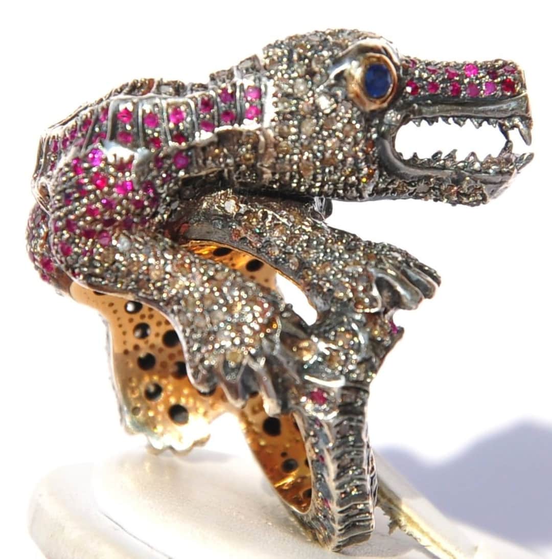 Huge Intricate 14KT Ruby Blue Sapphire Diamond Crocodile Ring - Etsy