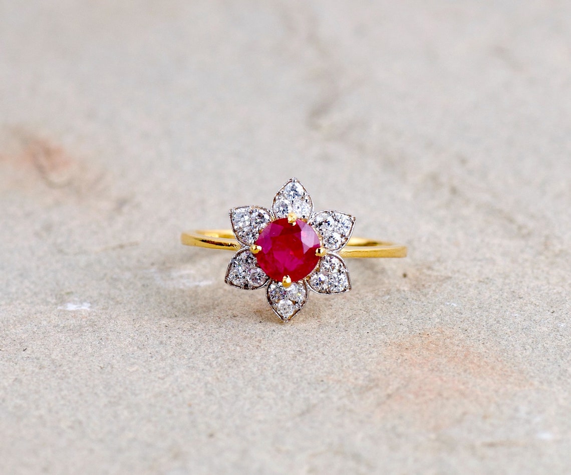 18KT Gold African Natural Ruby Floral Flower Diamond Ring | Etsy
