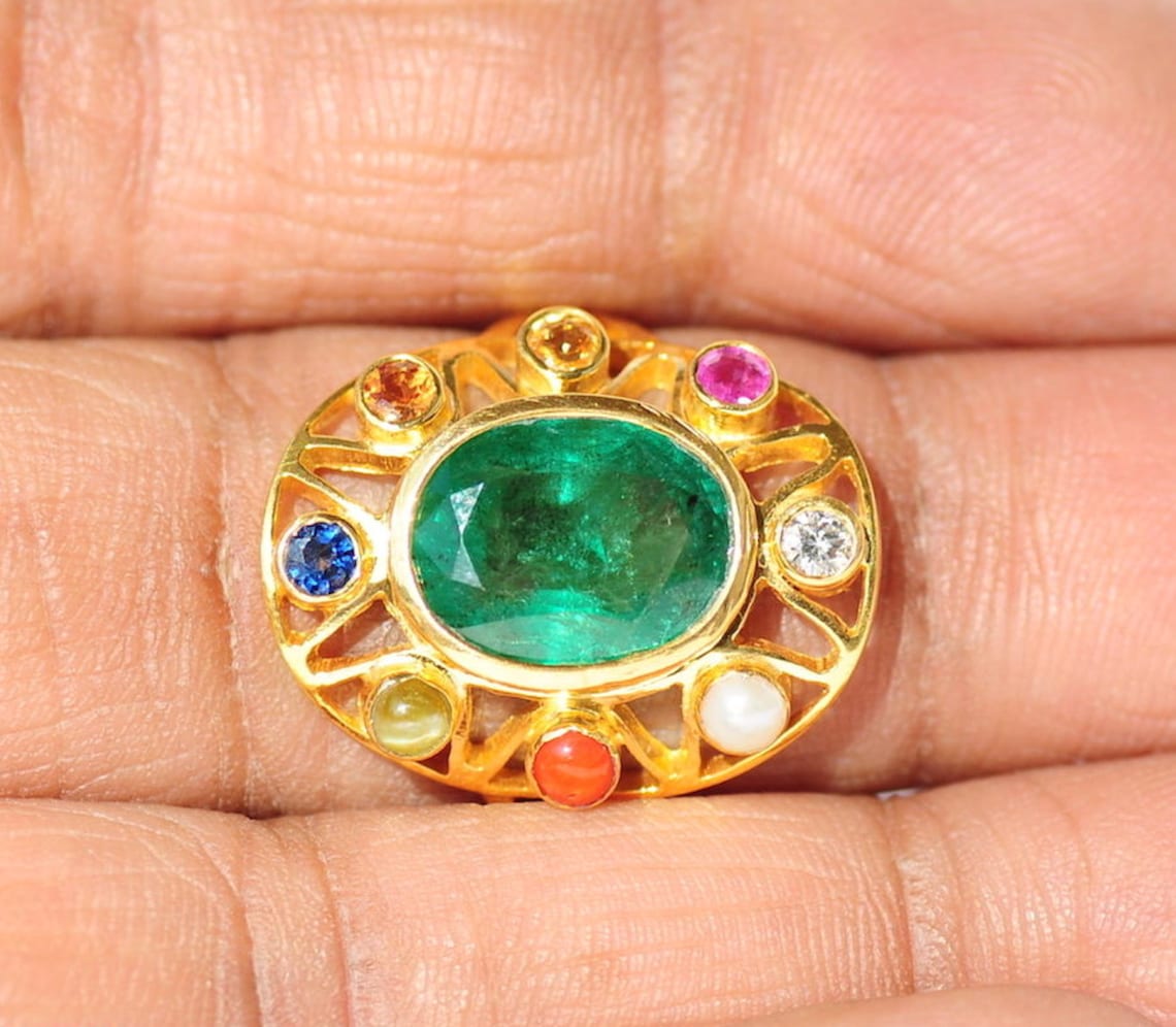 Exotic 18KT YG 9 Planet Gems Navratna Emerald | Etsy