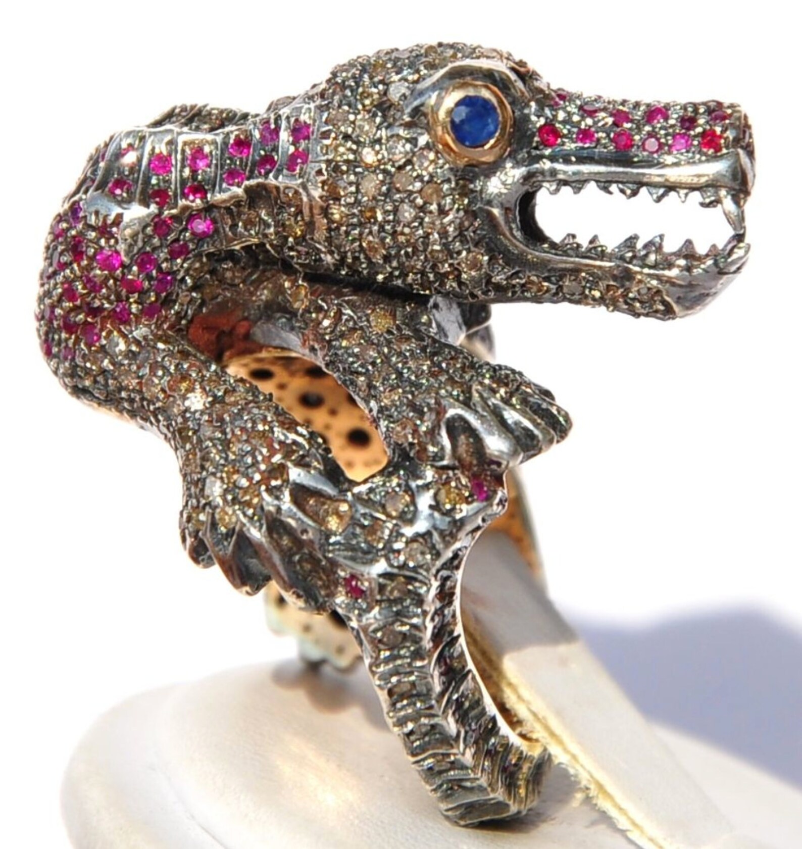 Huge Intricate 14KT Ruby Blue Sapphire Diamond Crocodile Ring - Etsy