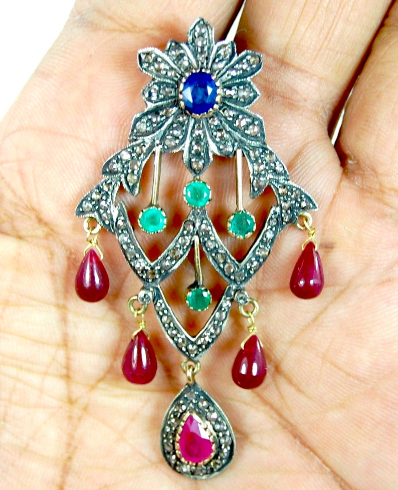 Stunning 14KT Natural Ruby Diamond Blue Sapphire Victorian Earrings - Etsy