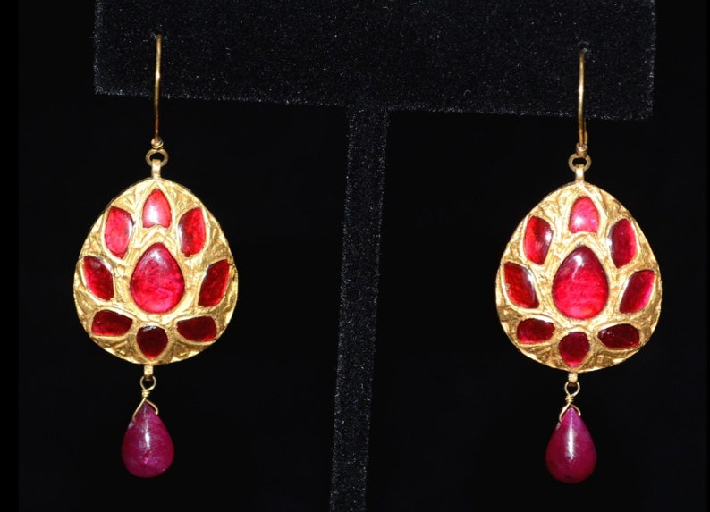Antique 22KT Gold 9 Planet Gems Ruby Diamond Mughal Indian Earrings ...