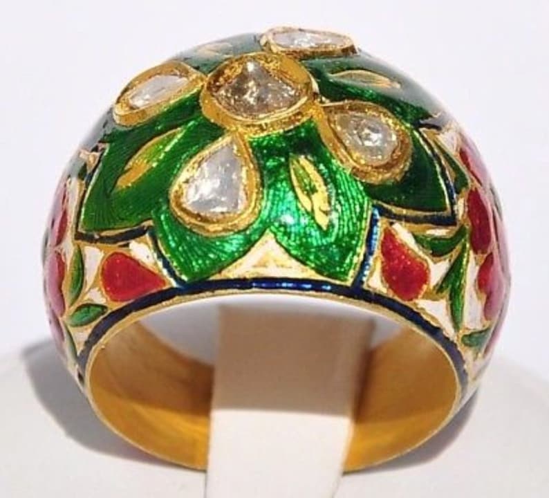 Fabulous 23kt Gold Mughal Indian Enamel Diamond Ring - Etsy