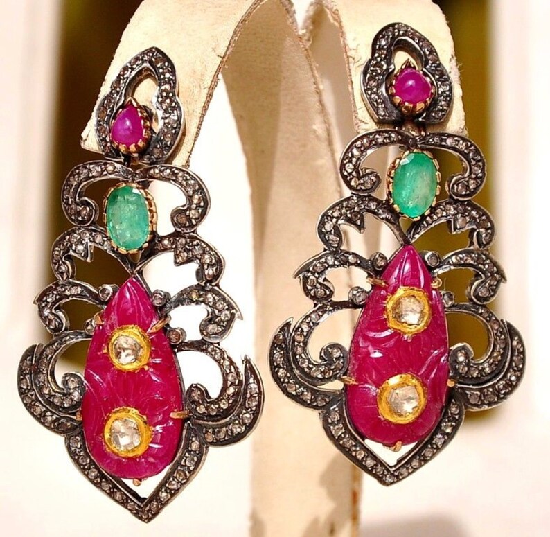 Antique 14K 23K Carved African Ruby Emerald Diamond Mughal India ...