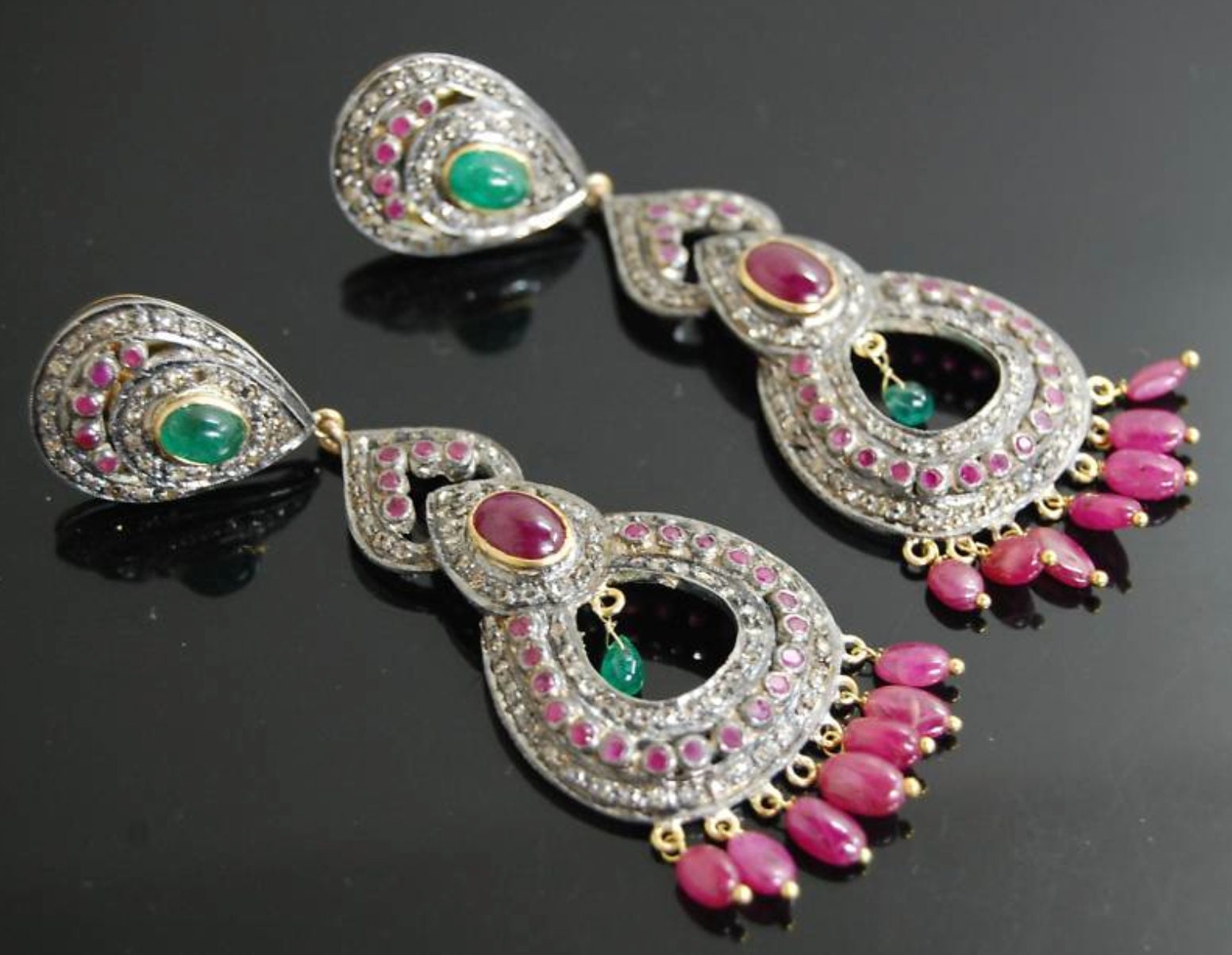 Beautiful Vintage 18KT Emerald Ruby Diamond Victorian Earrings - Etsy