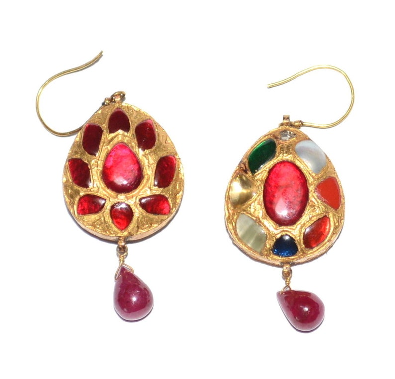 Antique 22KT Gold 9 Planet Gems Ruby Diamond Mughal Indian Earrings ...