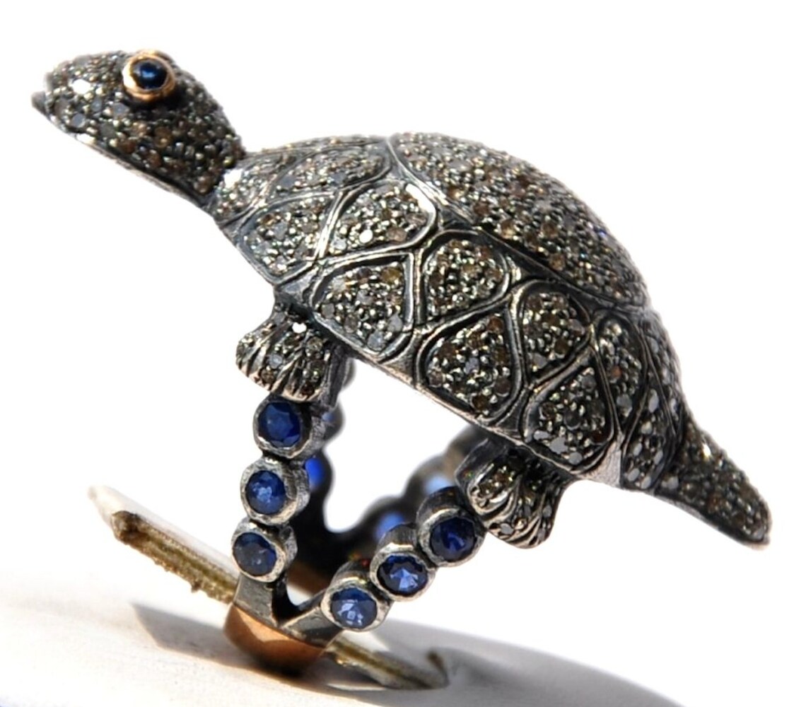 Vintage 14KT Blue Sapphire Diamond Tortoise Turtle Ring - Etsy