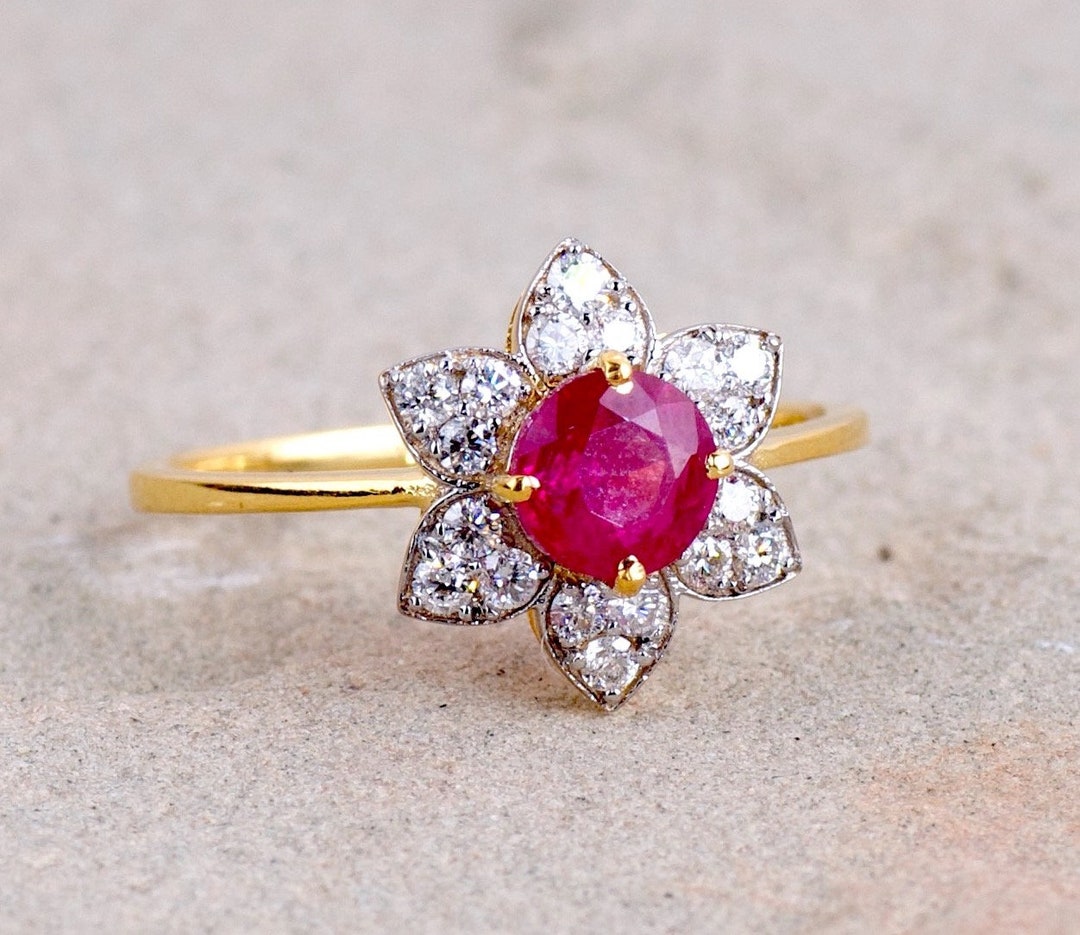 18KT Gold African Natural Ruby Floral Flower Diamond Ring, Handmade ...