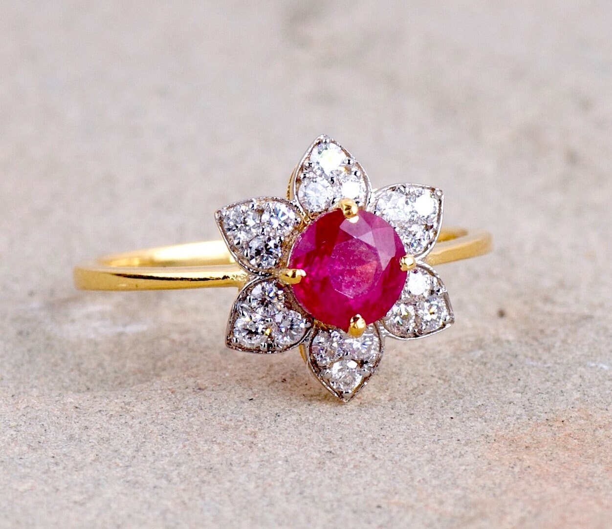 18KT Gold African Natural Ruby Floral Flower Diamond Ring, Handmade ...
