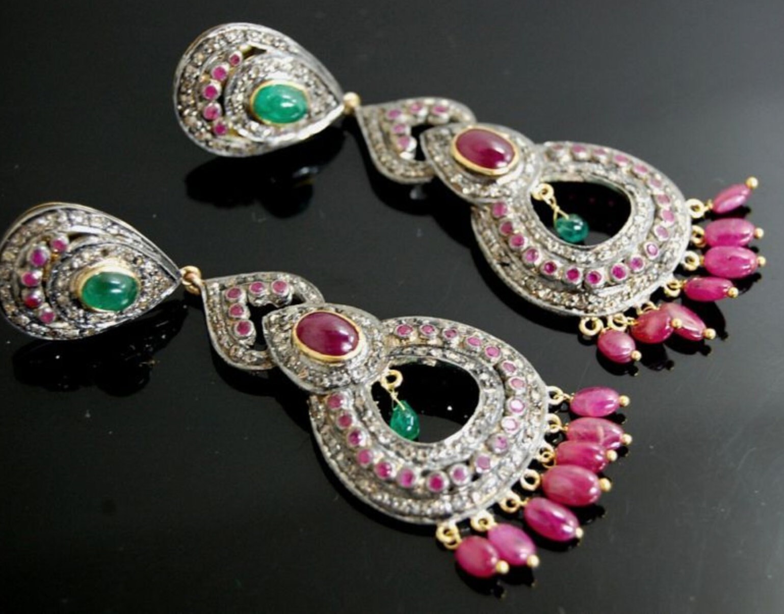 Beautiful Vintage 18KT Emerald Ruby Diamond Victorian Earrings - Etsy