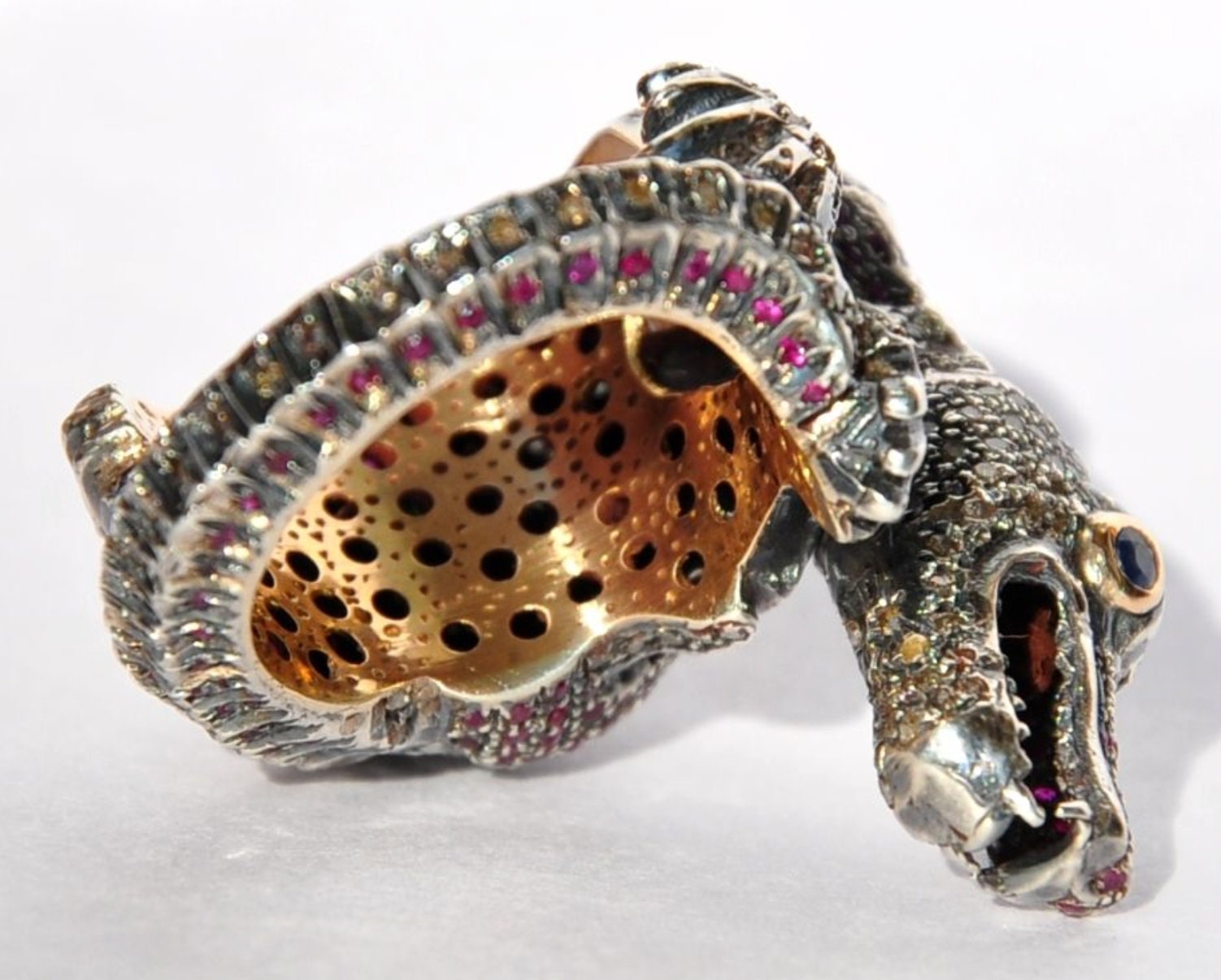 Huge Intricate 14KT Ruby Blue Sapphire Diamond Crocodile Ring - Etsy