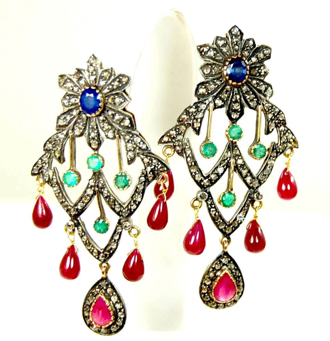 Stunning 14KT Natural Ruby Diamond Blue Sapphire Victorian Earrings - Etsy