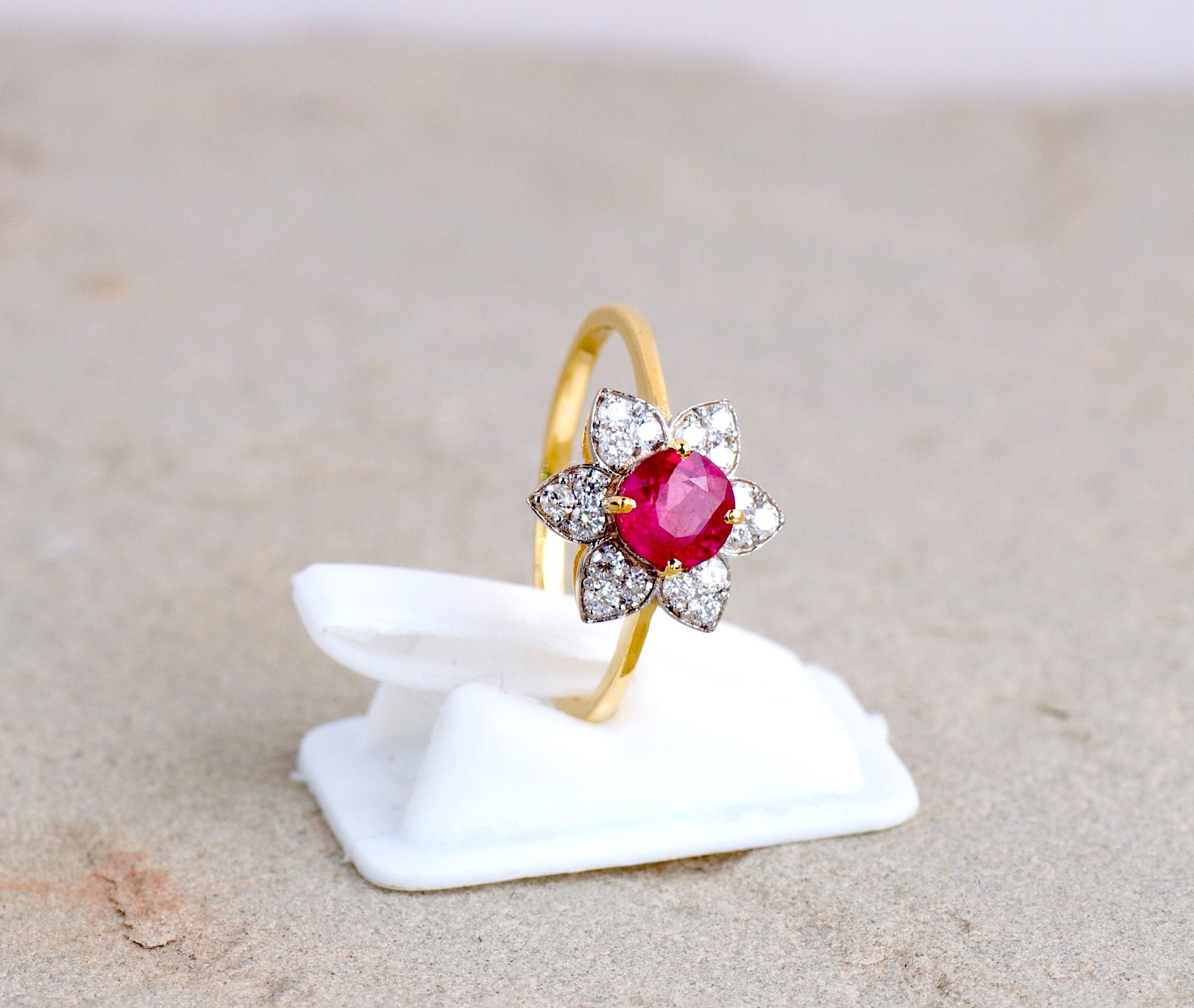 18KT Gold African Natural Ruby Floral Flower Diamond Ring, Handmade ...