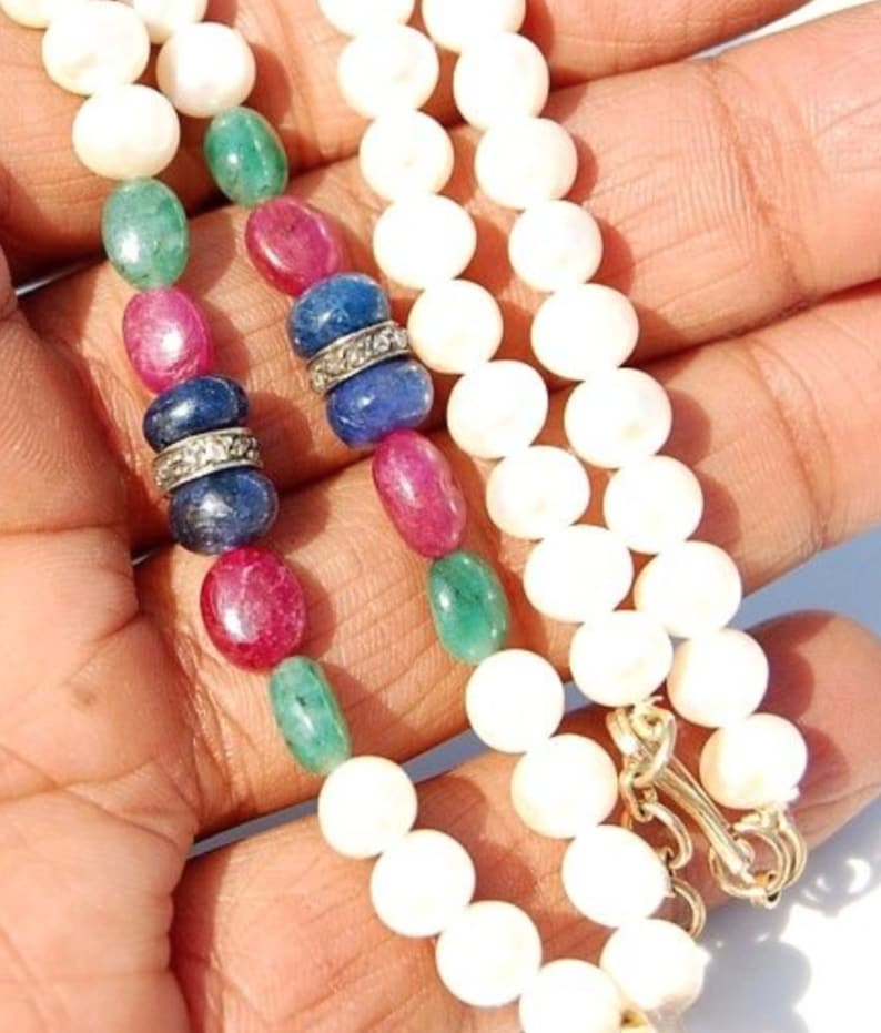 Impresionante Vintage 14KT Esmeralda Rubí Azul Zafiro Diamante Collar ...