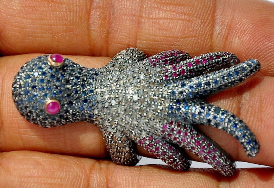 Exceptional Vintage 14kt Blue Sapphire Ruby Diamond Octopus Victorian ...