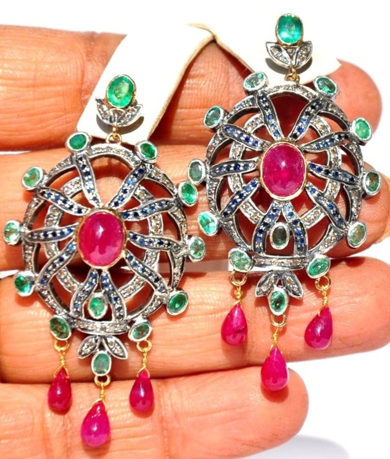 Colorful Vintage 14KT Ruby Emerald Diamond Victorian Earrings !!! - Etsy