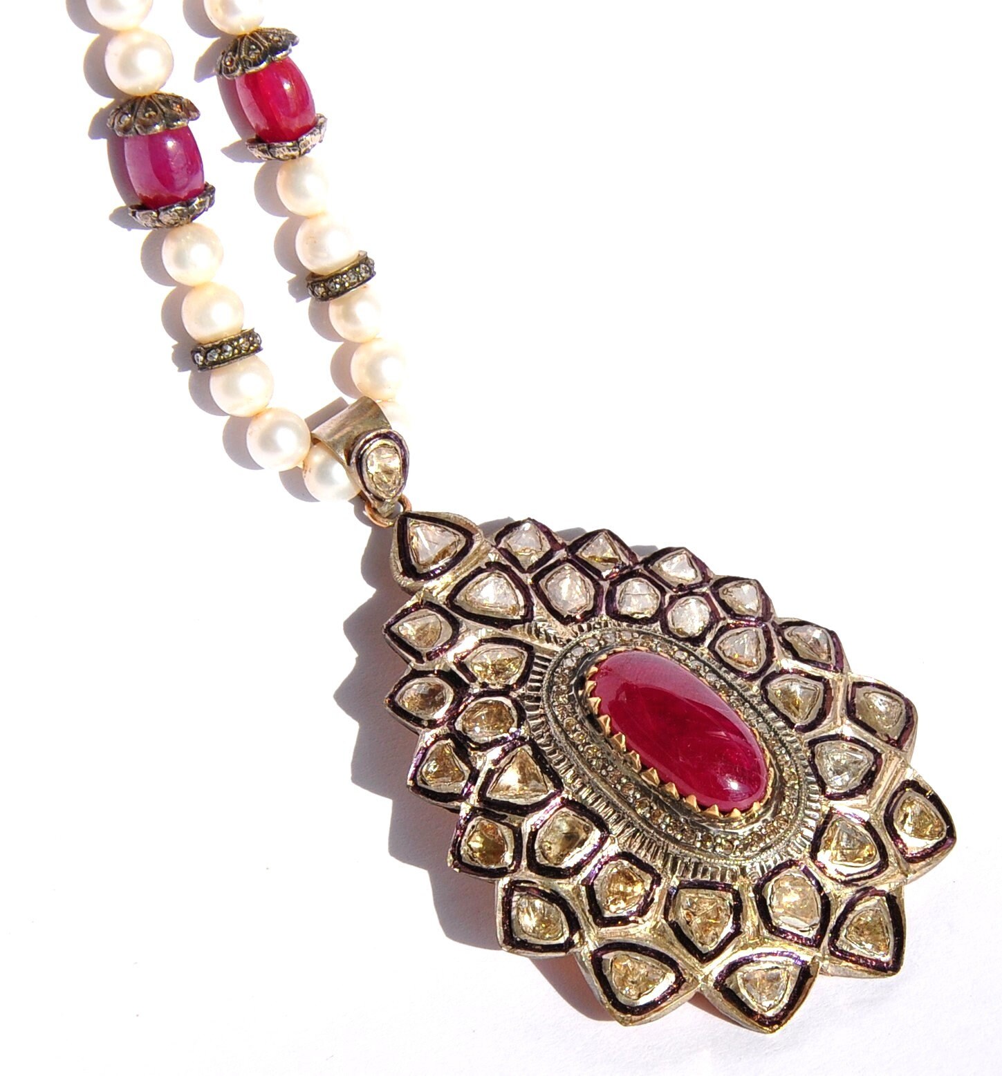 Huge Ruby Diamond Pendant Mughal Victorian Necklace Collar Collier ...