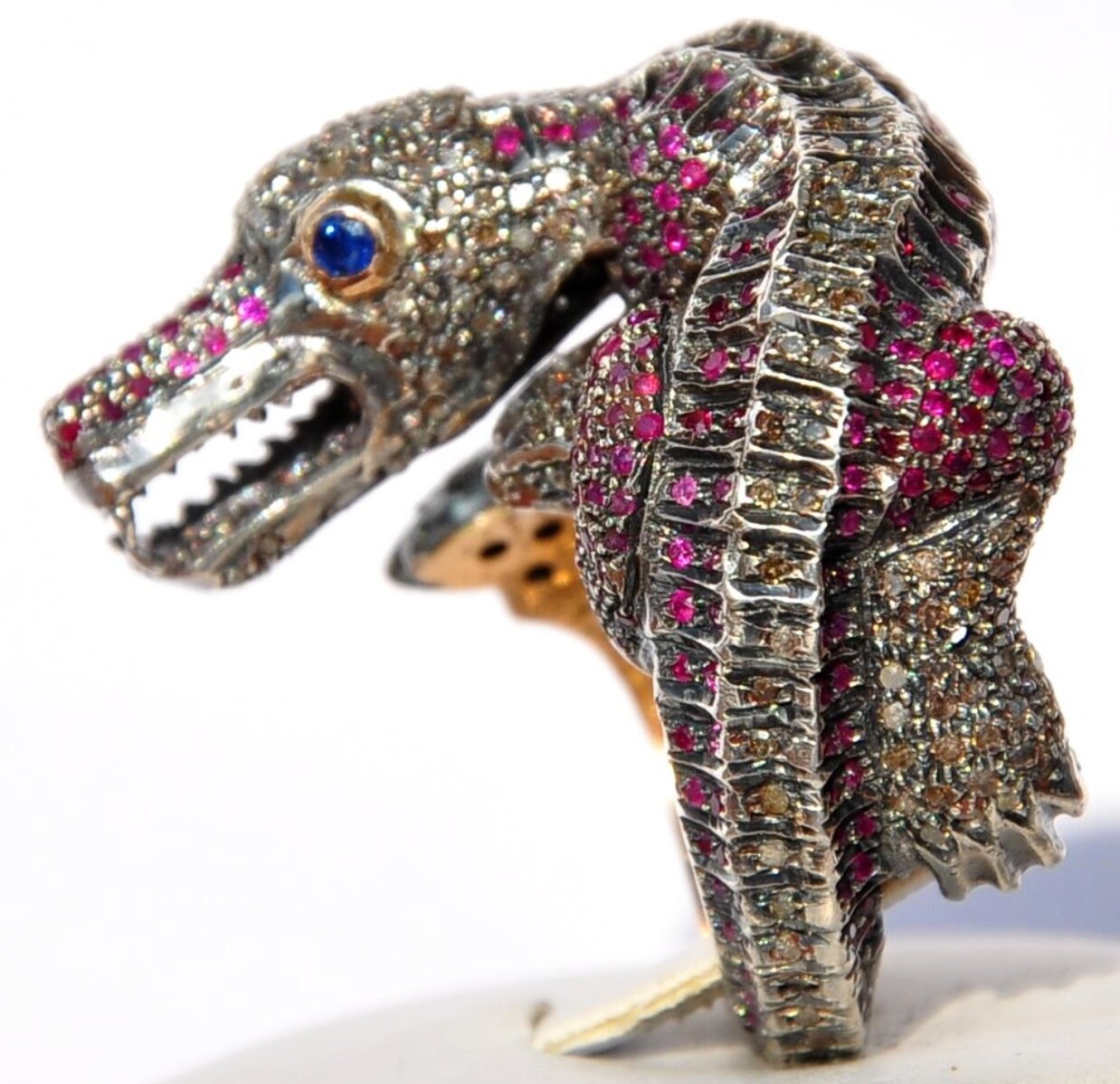 Huge Intricate 14KT Ruby Blue Sapphire Diamond Crocodile Ring - Etsy