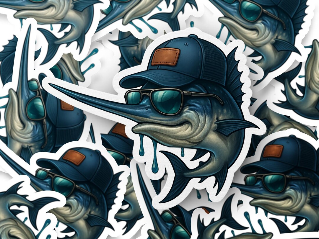 Cool Marlin Sticker, Funny Fish Sticker, Fish With Trucker Hat Sticker ...