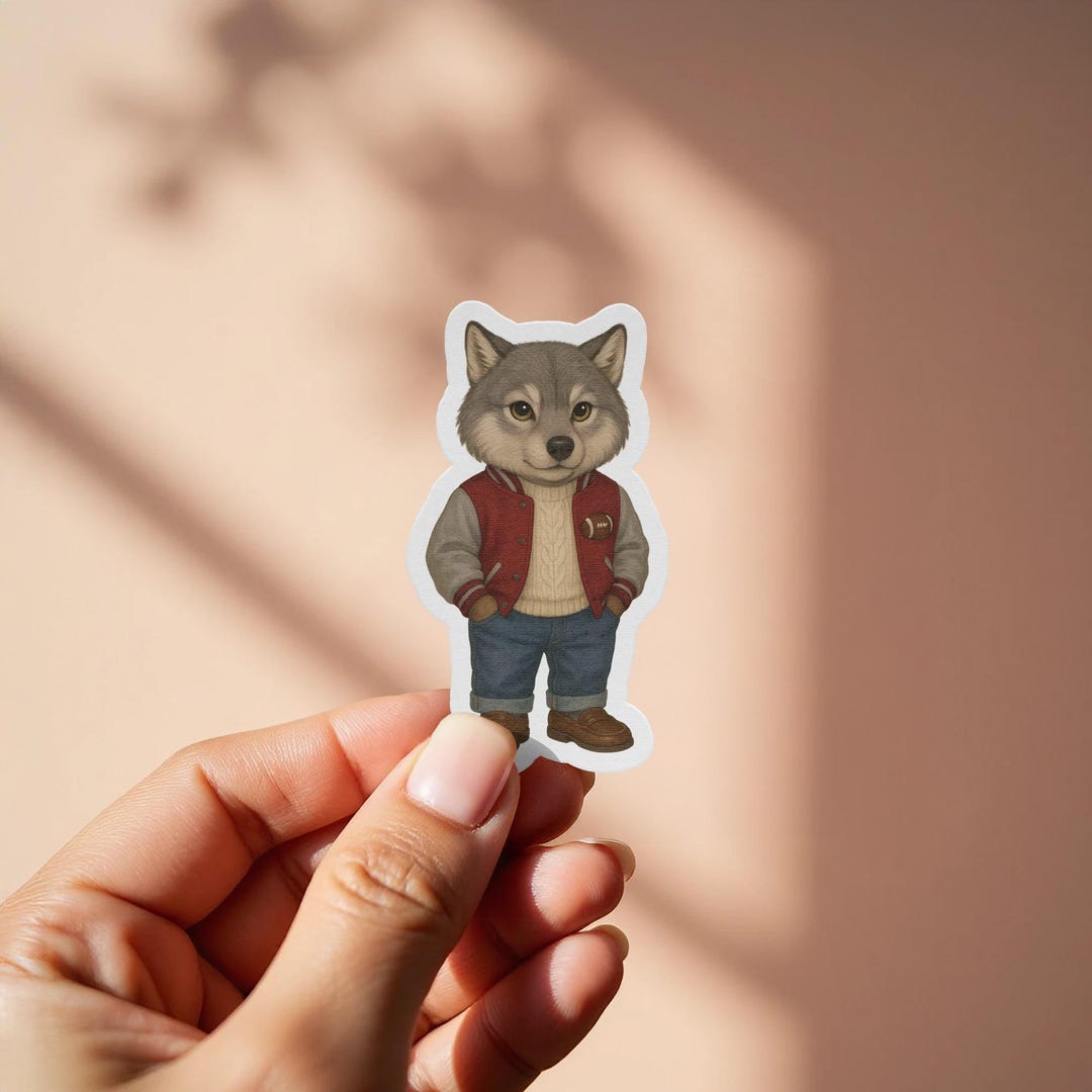 Preppy Wolf Mascot Sticker, Wolf in Varsity Letterman Jacket Sticker ...