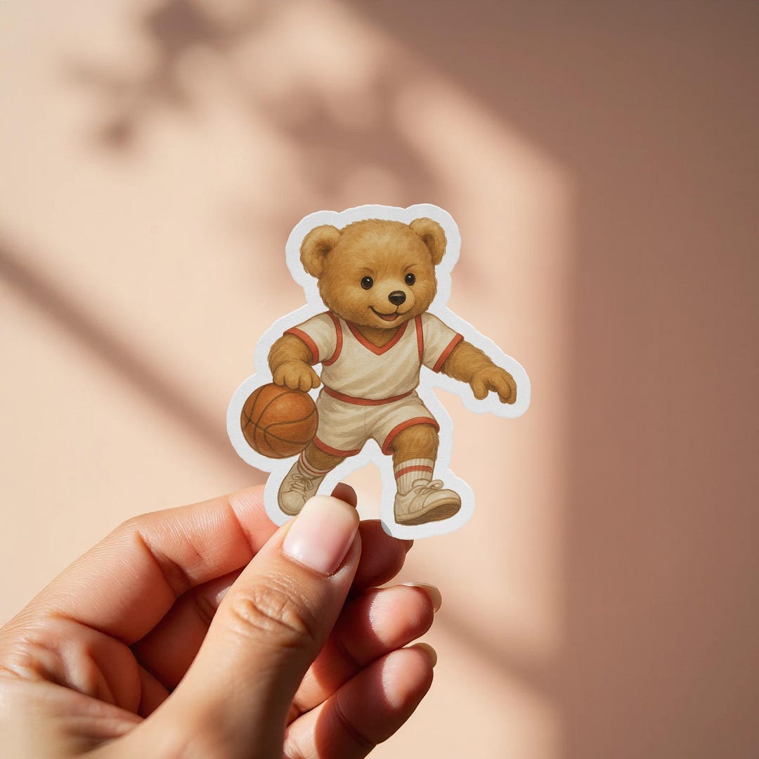 Retro Basketball Teddy Bear Sticker, Vintage Sports Decal, Nostalgic ...