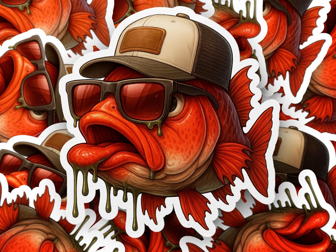 Cool Red Fish Sticker, Funny Red Fish With Trucker Cap and Sunglasses ...