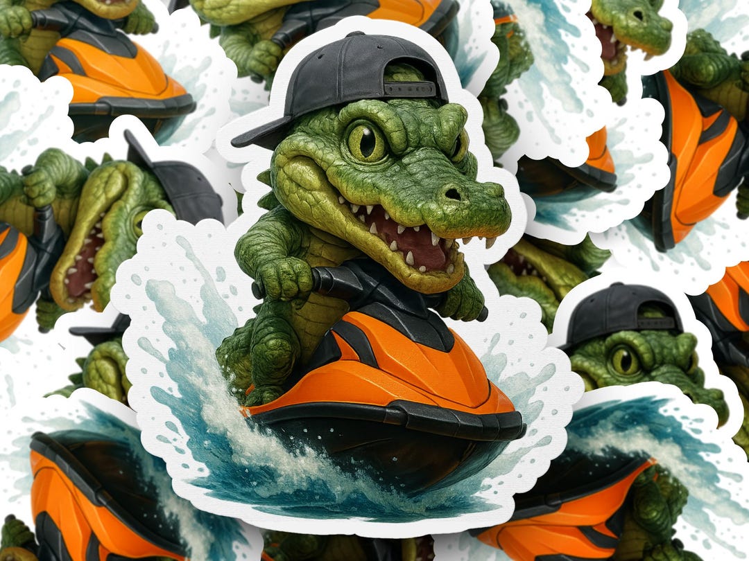 Alligator on a Jet Ski Sticker, Cartoon Alligator Decal, Funny Cute ...