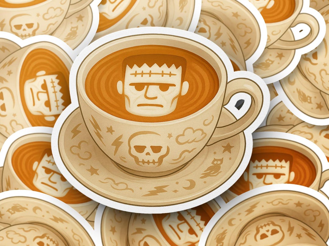 Frankenstein Coffee Sticker, Spooky Halloween Tea Cup Decal, Cute ...