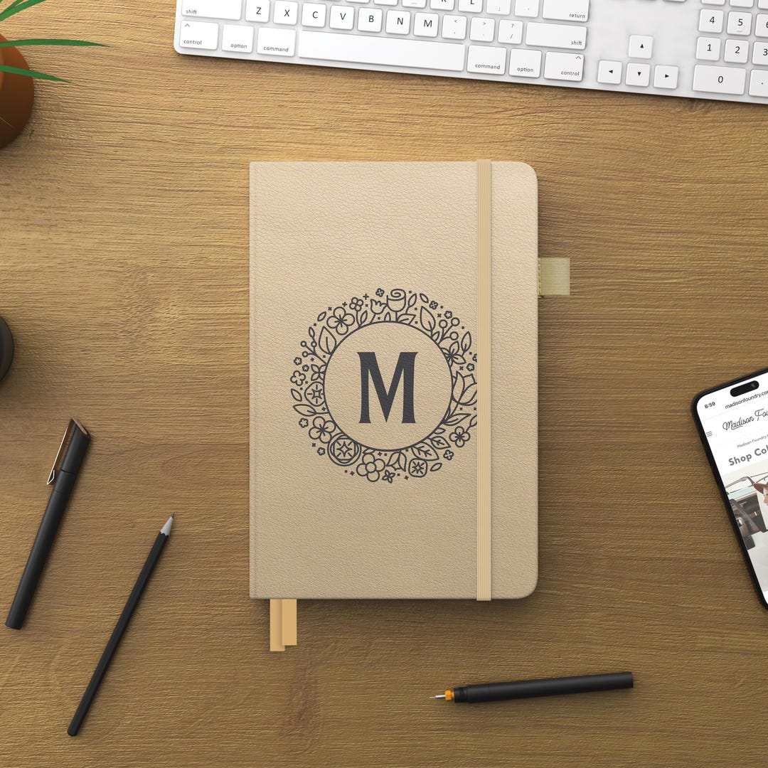 Circular Wreath Monogram Journal, Laser Engraved Initial Sketchbook ...
