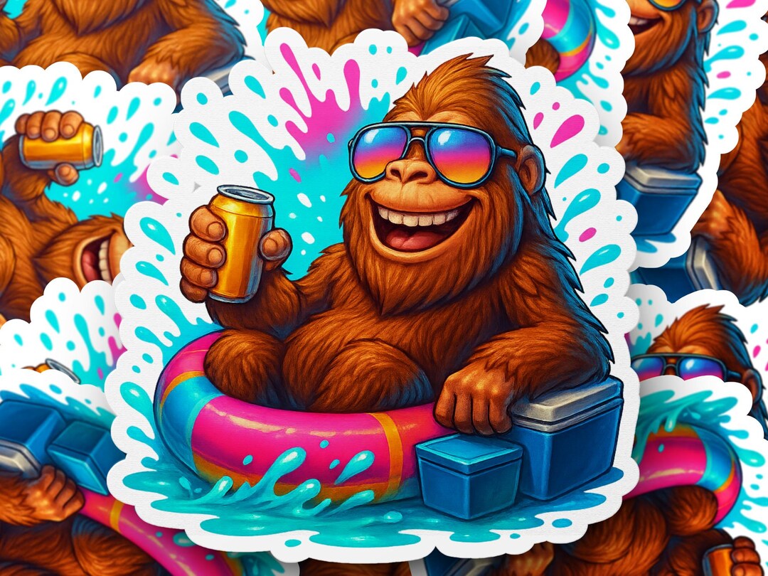 Bigfoot on Pool Float Sticker, Yeti With Beer Can , Summer Party ...