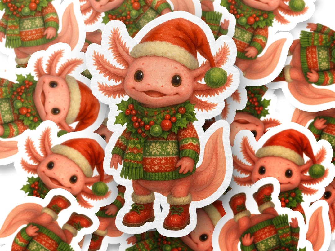 Christmas Axolotl Sticker, Cute Santa Hat Newt Decal, Ugly Sweater ...