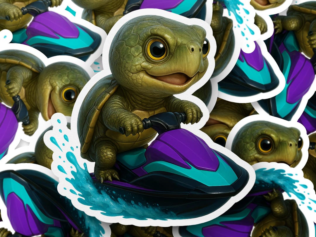 Turtle Riding Jet Ski Sticker, Cute Animal Sticker, Funny Stickers ...