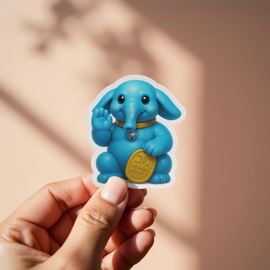 Lucky Blue Elephant Sticker, Maneki Neko Inspired Decal, Cute Good Luck ...